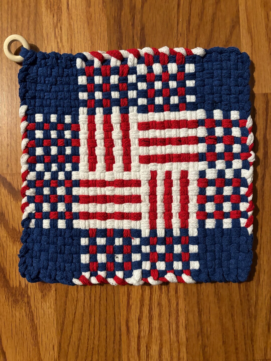 Handmade 8"x8" Cotton Loom Woven Hot Pad, Potholder, Trivet With Wood ...