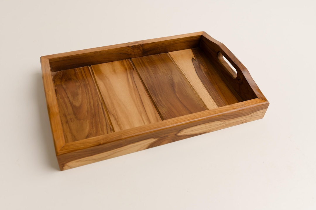 Large Teak Wood Tray With Handles - Natural Wood Vintage Bed Breakfast ...