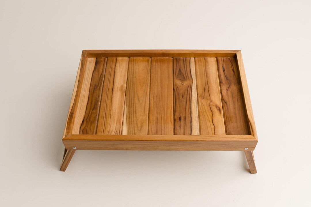 Teak Wooden Large Tray Table With Folding Legs - Natural Wood - Bed ...