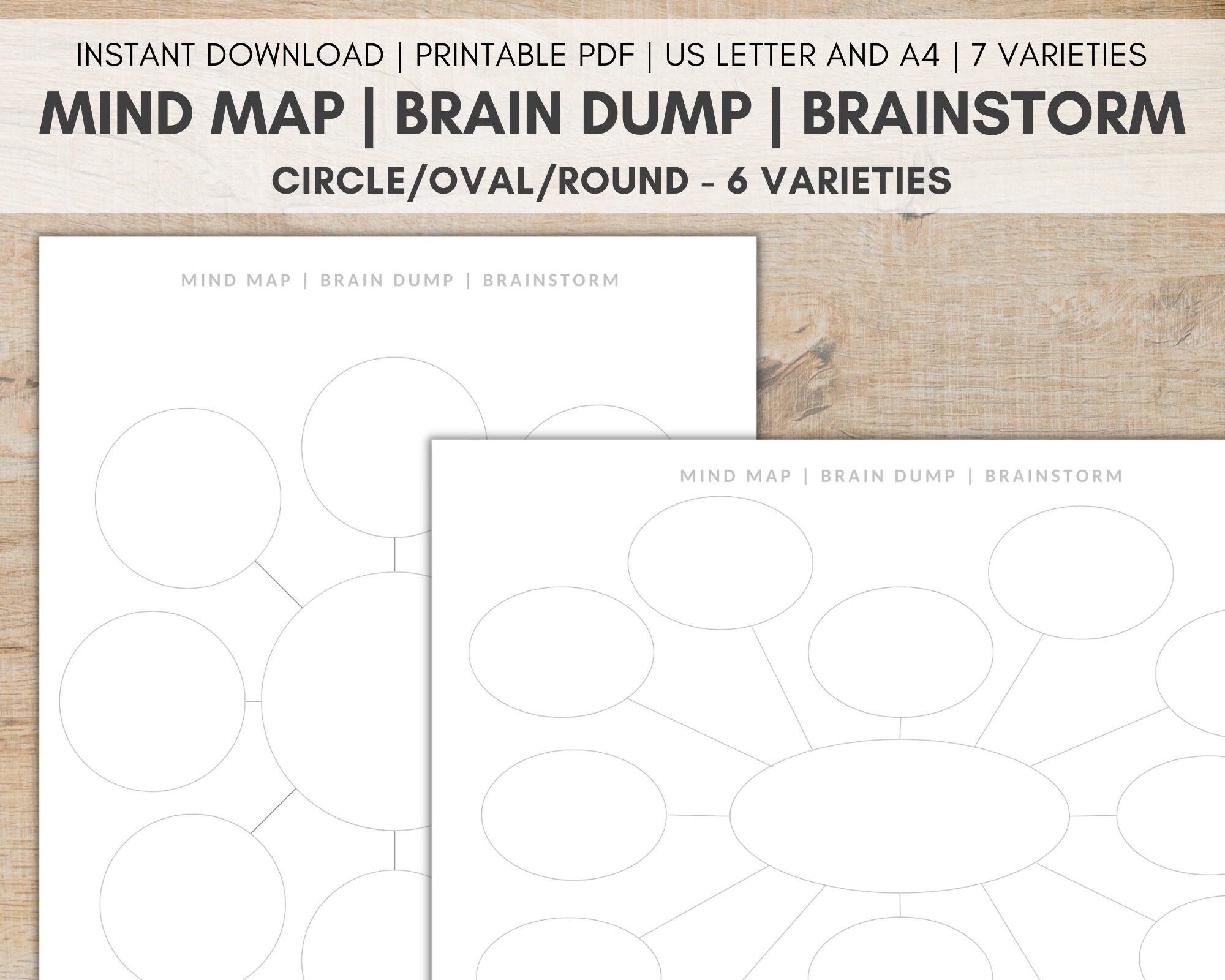 Mind Map, Brain Dump, Brainstorm, Creativity - Round, 6 Varieties, US ...