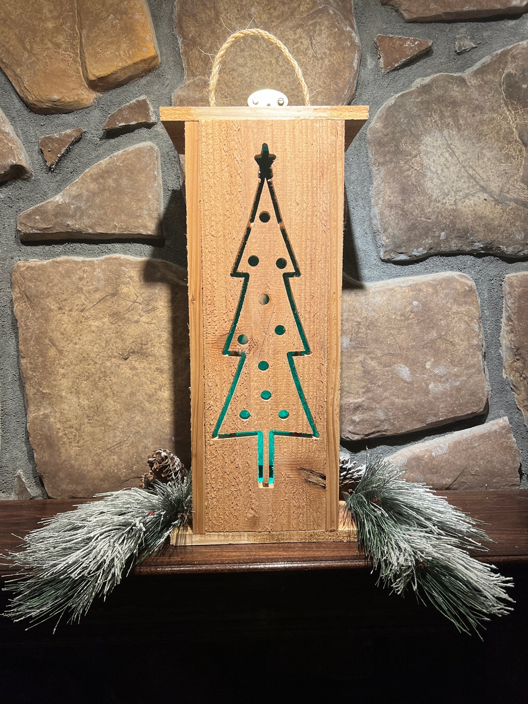 Large Rustic Cedar Christmas Tree Lantern With Remote Controlled LED ...