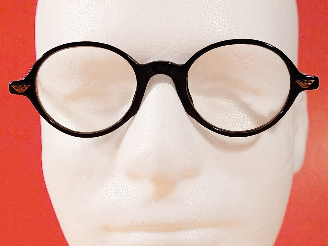 1990s Vintage Emporio Armani Round Black Retro Eyeglasses Frame, Shiny ...
