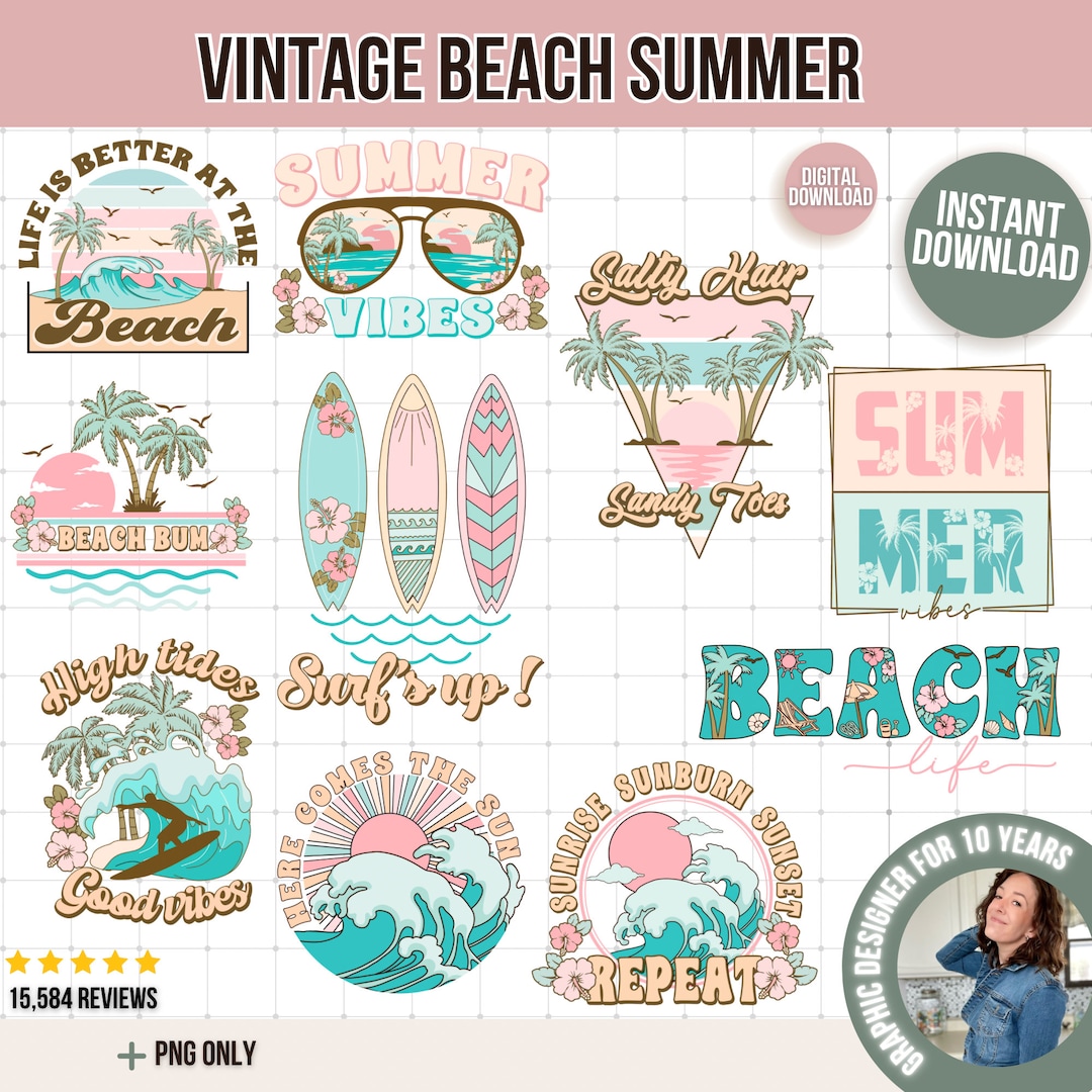 Vintage Beach Summer PNG Bundle - Retro Surf & Palm Tree Cut Files for ...