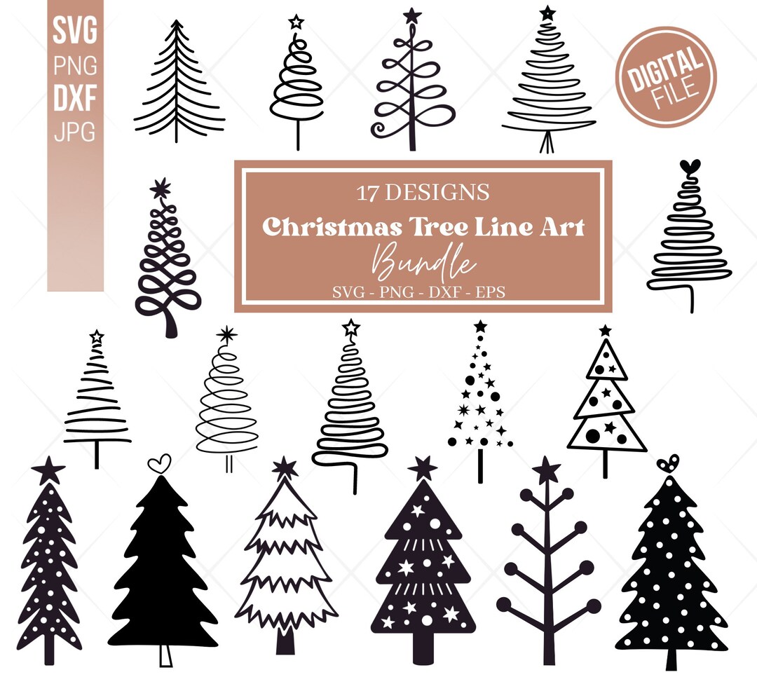 Christmas Tree Line Art Clipart SVG Bundle Commercial Use - Etsy