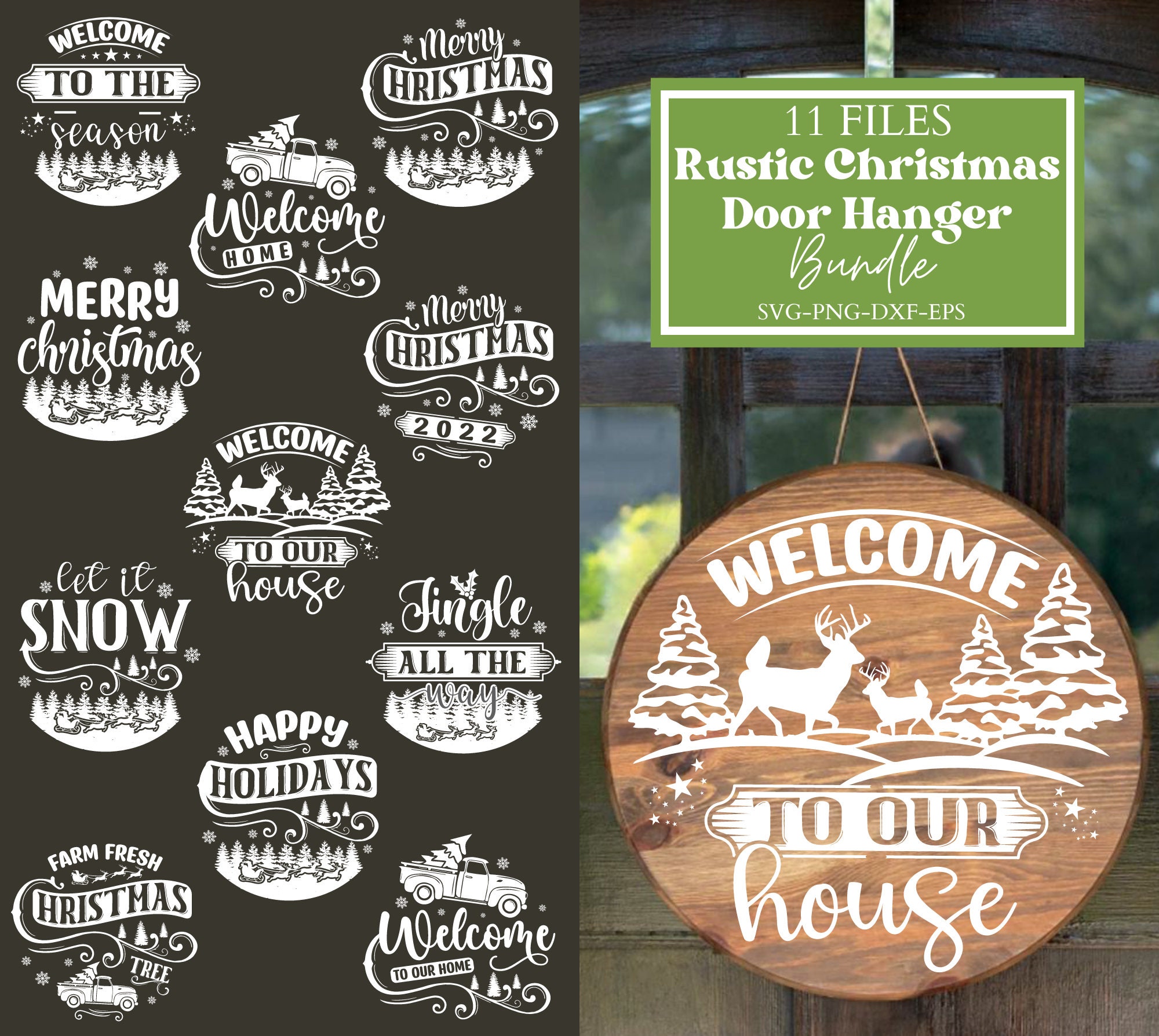 Rustic Round Door Hanger Sign SVG Bundle, Christmas Door Hanger SVG ...