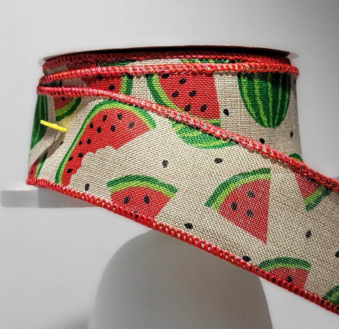 1.5 Inch Watermelon Wired Ribbon on a Burlap Coloured Background Ready ...