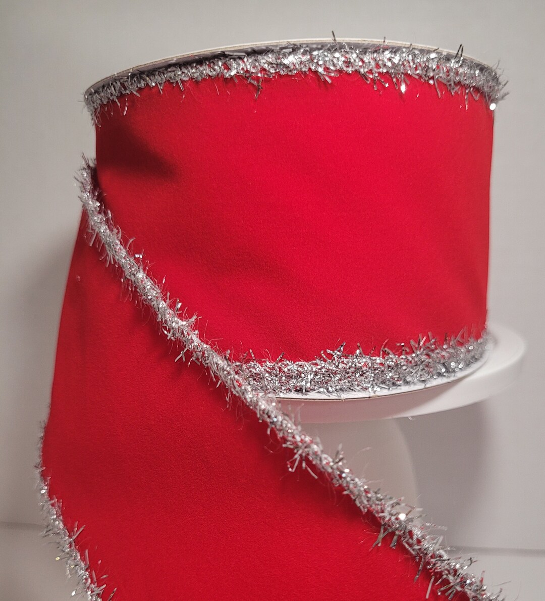 2.5 Inches 10 Yd RED Velvet Ribbon Edged in Silver Tinsel, a Basic ...