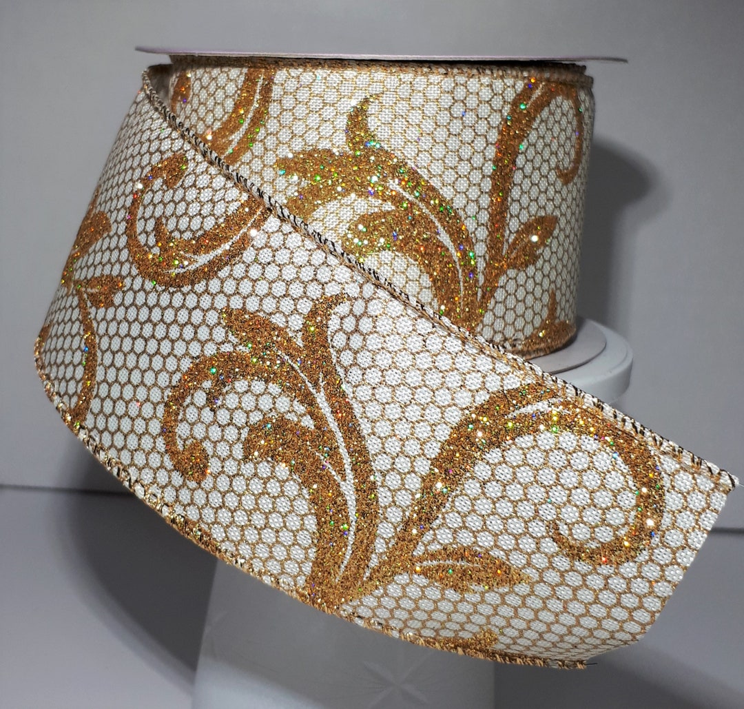 2 1/2 in 10 Yd GLITTERY GOLD Scrolls on a Gold Honeycomb Pattern This ...