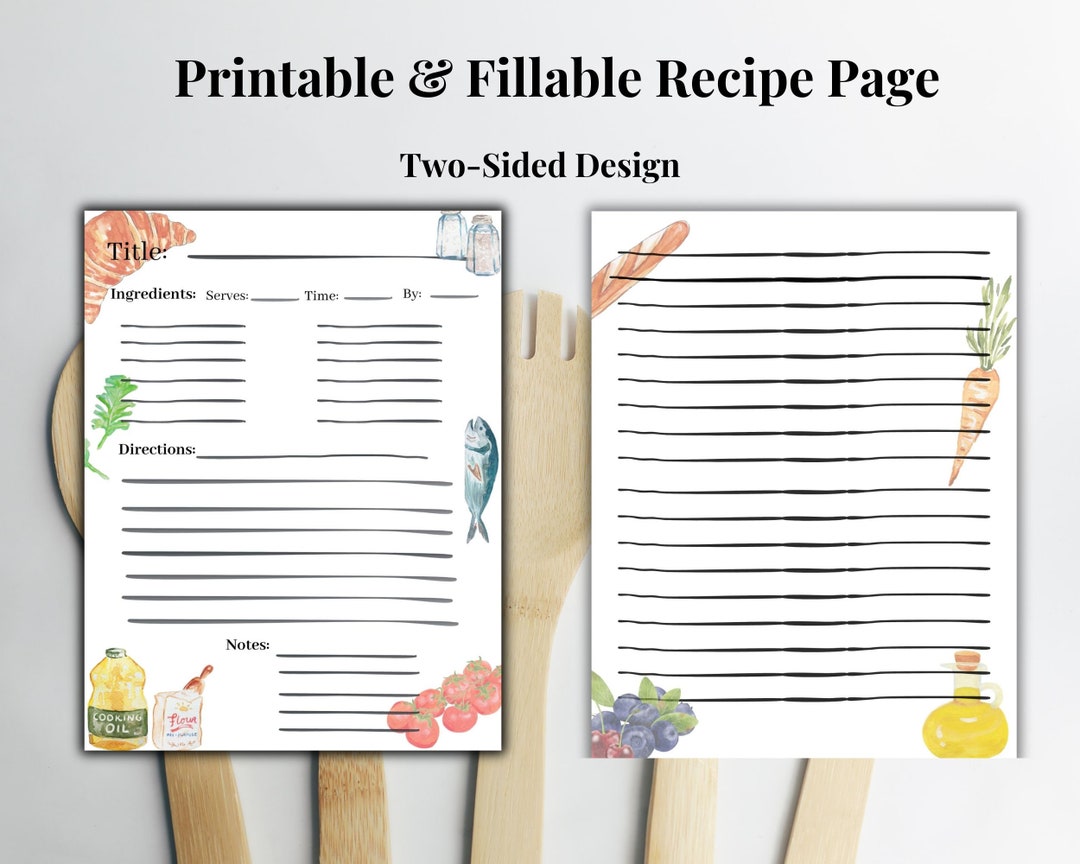 Fillable, Editable, Printable Recipe Page - Includes Two-sided Design ...