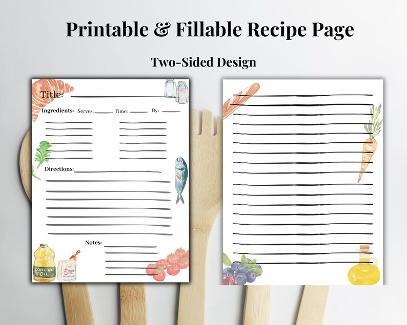 Fillable, Editable, Printable Recipe Page - Includes Two-sided Design ...