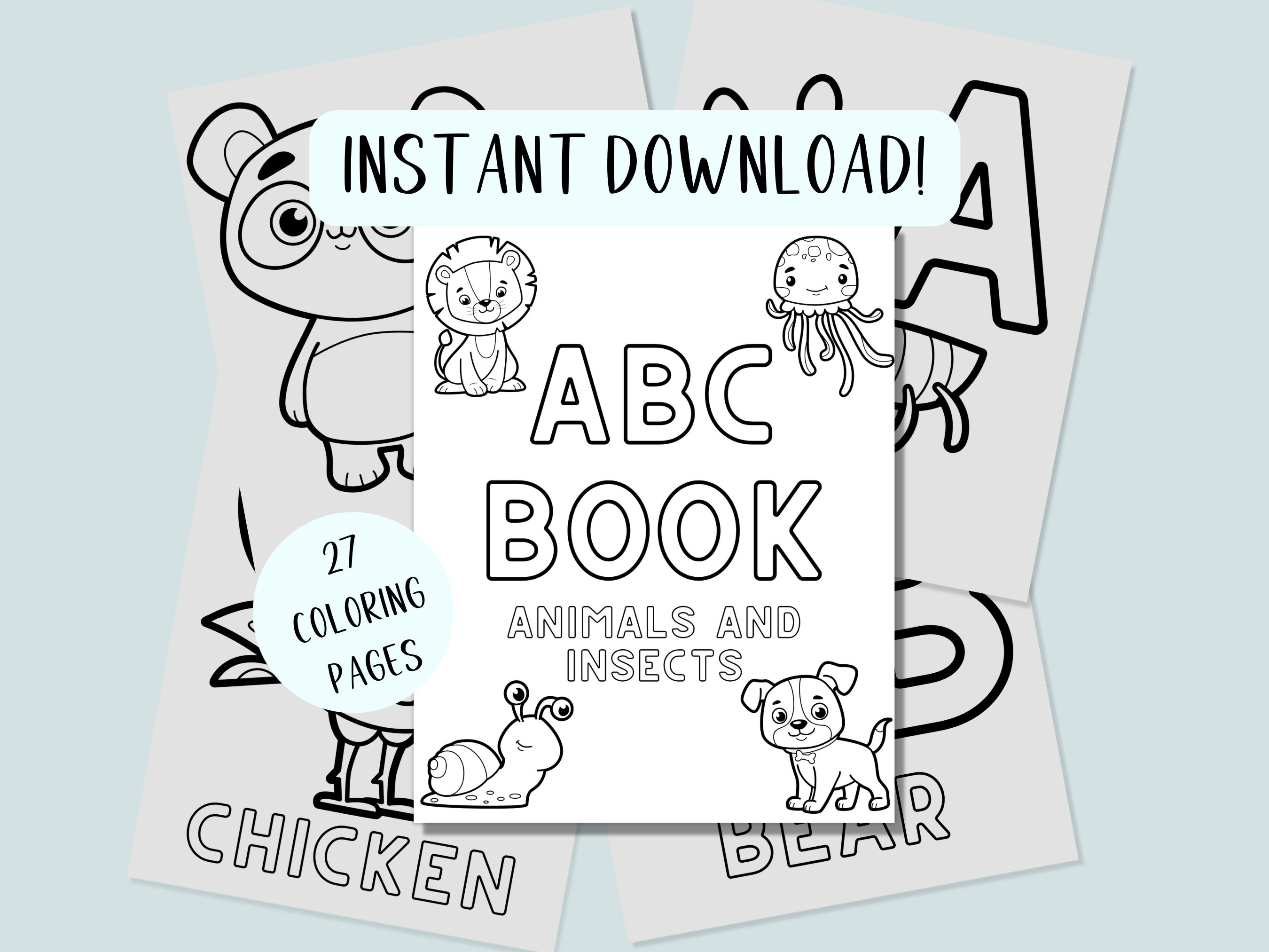 Animals ABC Book, Alphabet Coloring Pages Book, Animals, Insects, Black ...