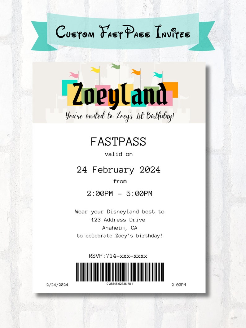 Digital Disneyland Fastpass Birthday Party Invite - Custom Digital ...