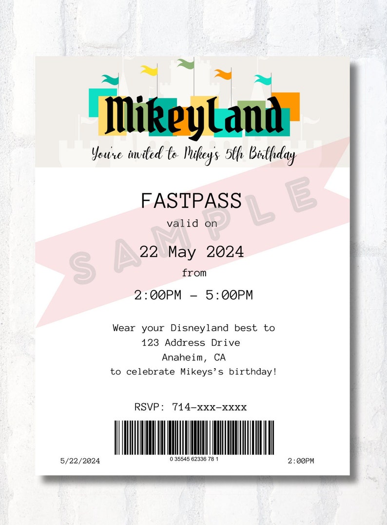 Digital Disneyland Fastpass Birthday Party Invite - Custom Digital ...