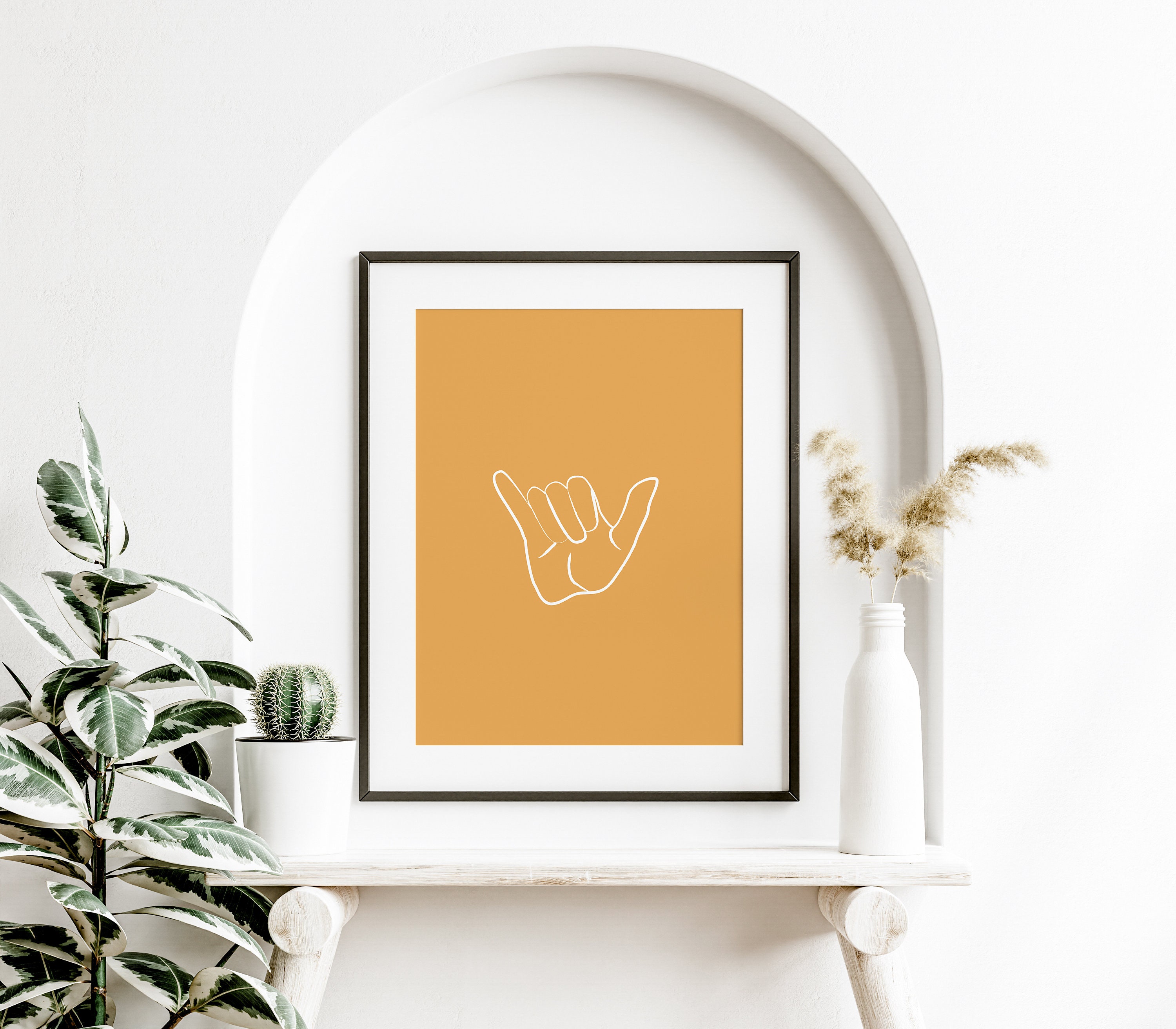 Shaka Graphic Wall Art, Hand Sign Digital Print, Mustard Yellow Home ...