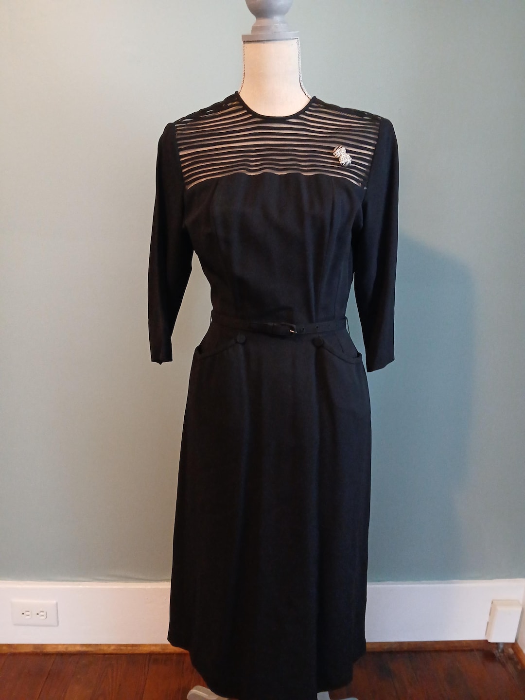 Black 1960s Wiggle Dress With Sheer Detailed Yoke, Rhinestone Button ...