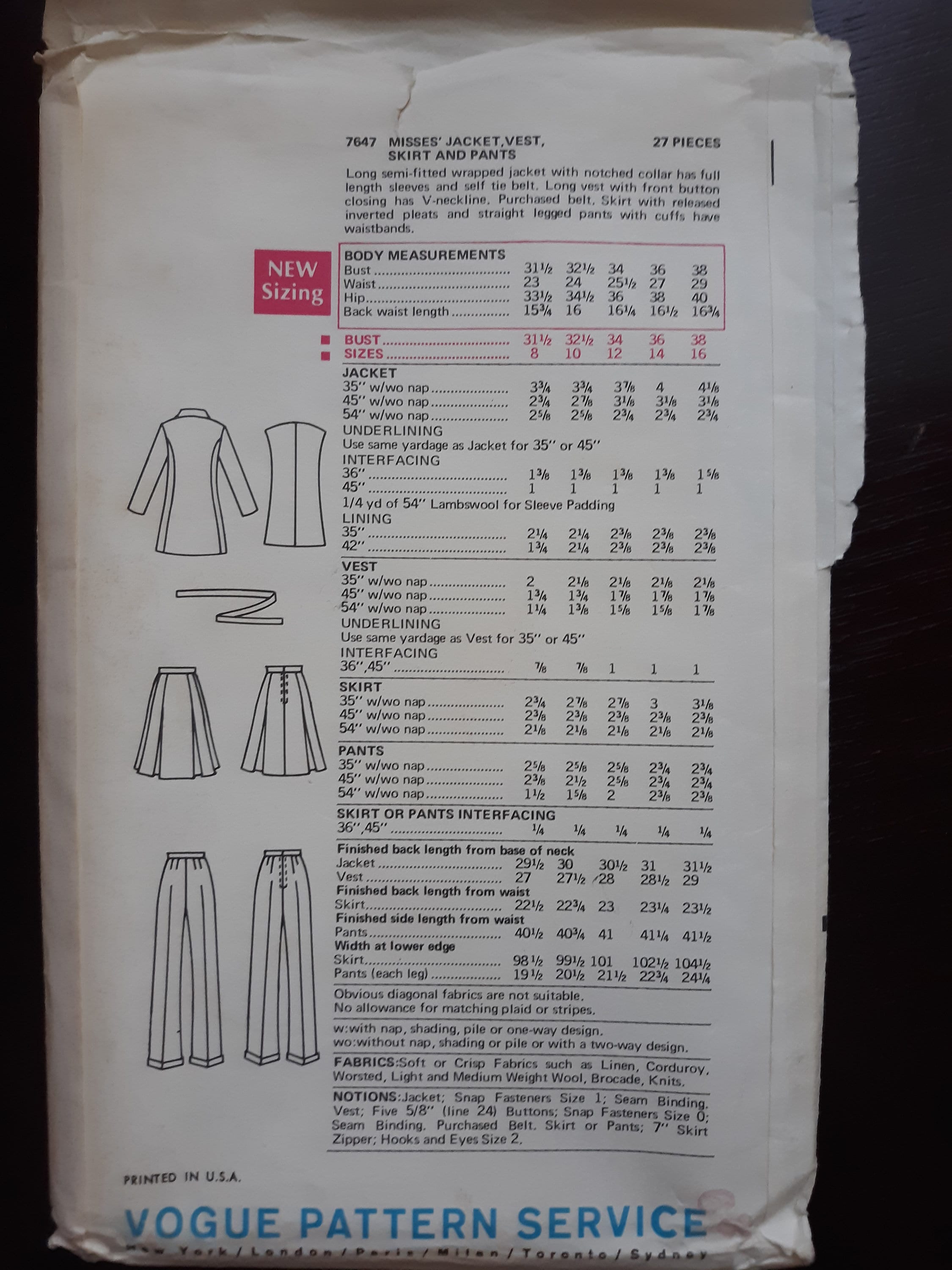 Vogue 7647 Vintage 1970s Sewing Pattern: Jacket, Vest, Skirt, Trousers ...