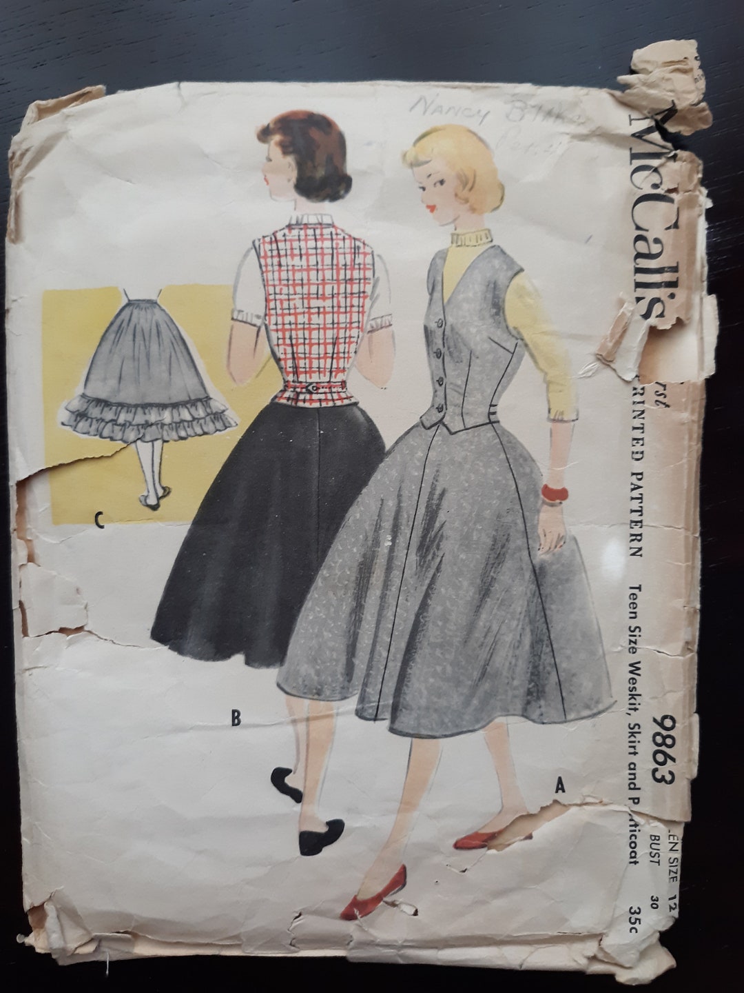Mccalls 9863 Vintage Sewing Pattern for 1950s Weskit, Full Skirt, and ...