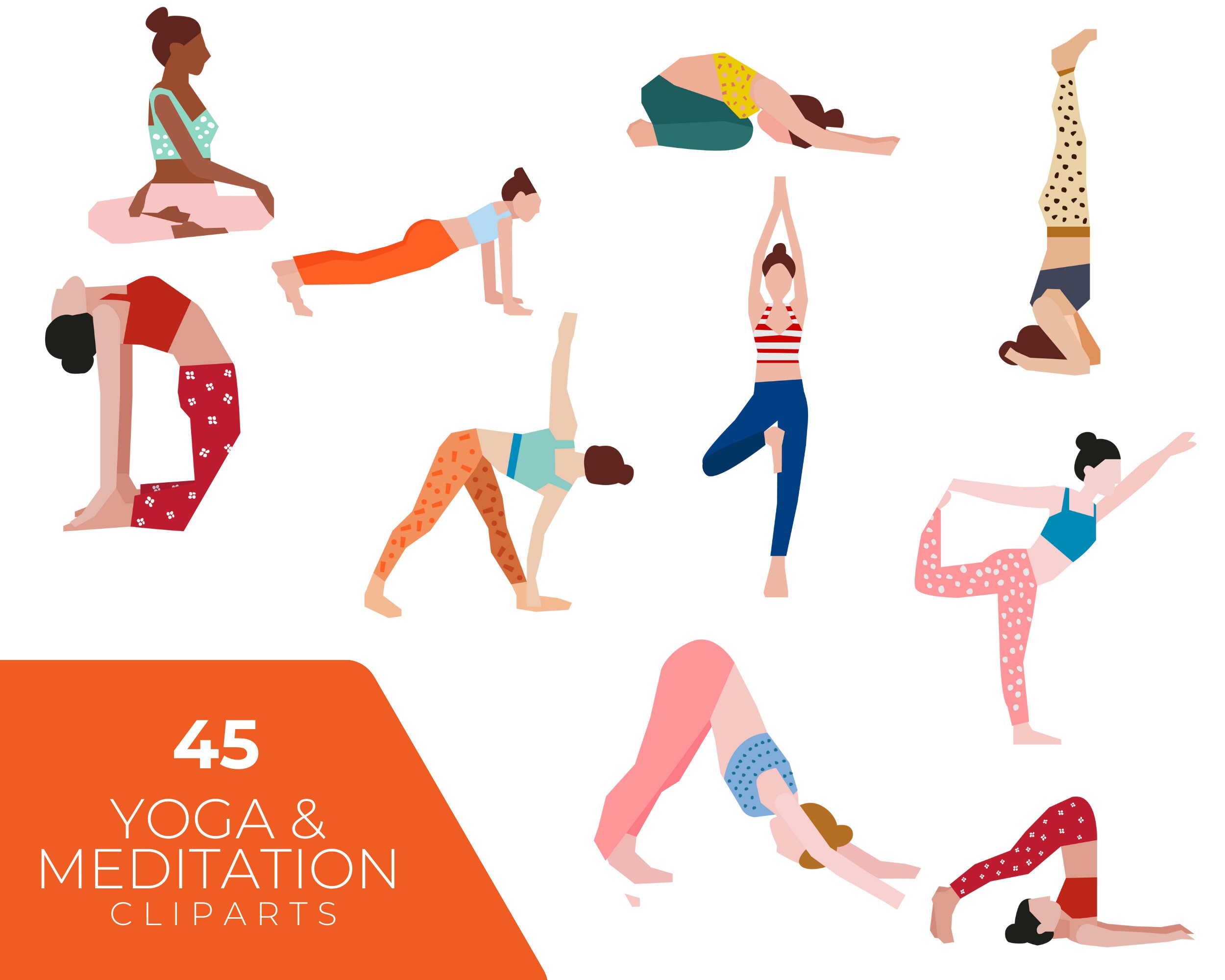 45 Yoga and Meditation Poses, Yoga Instructor Design Pack, Meditation ...