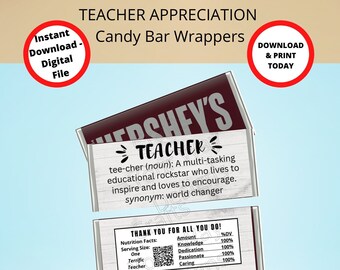 Printable Teacher Appreciation Chocolate Candy Bar Wrapper. Instant ...
