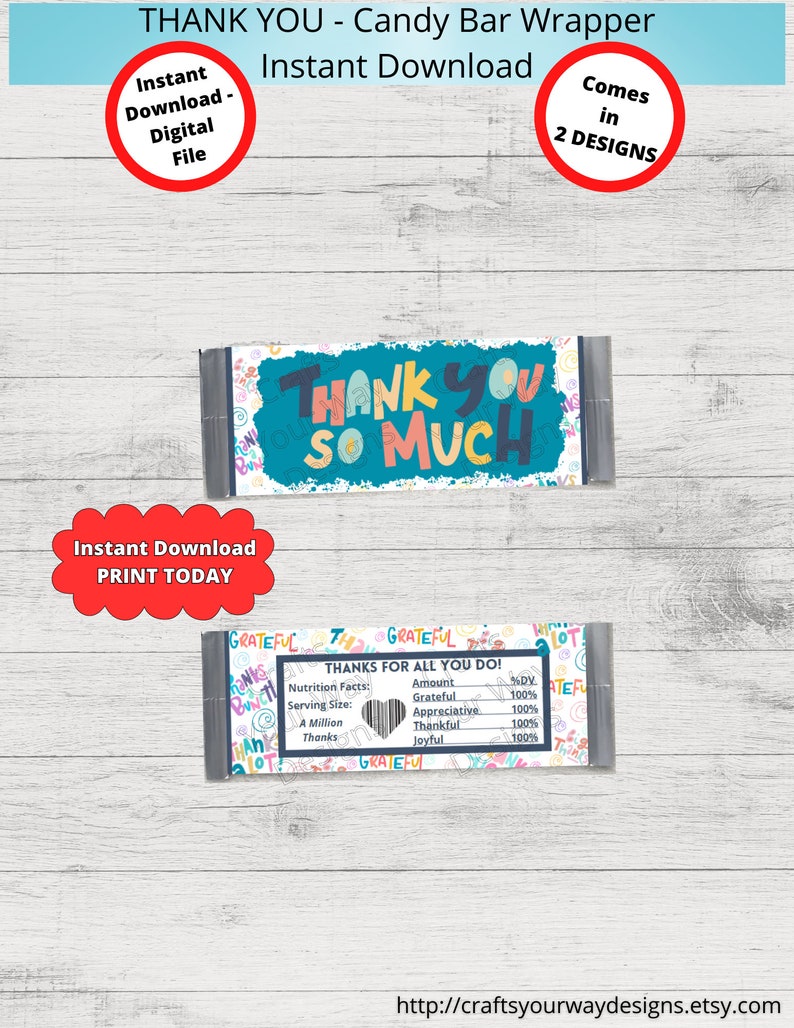 PRINTABLE THANK YOU Candy Bar Wrappers-gift Ideas-party Favors-treats ...