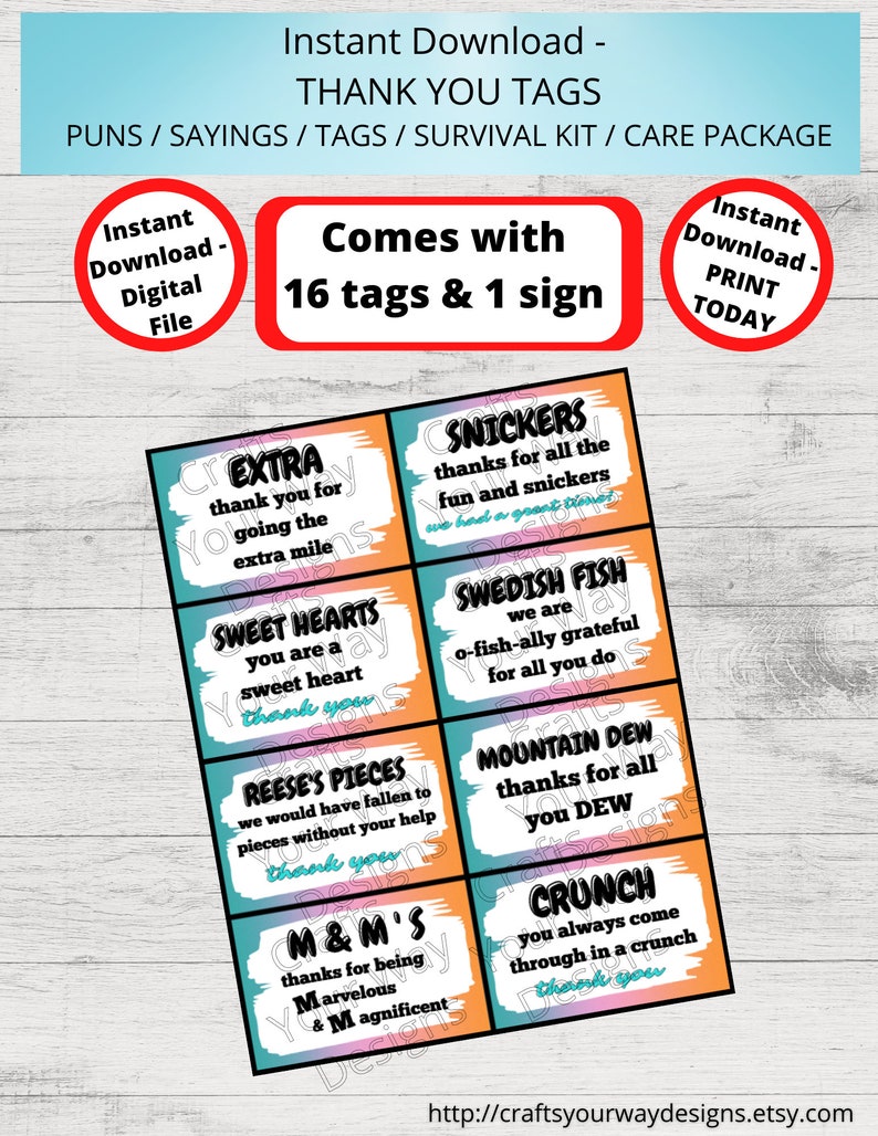 THANK YOU Survival Kit, Thank You Care Package, Gift Tags, Thank You ...