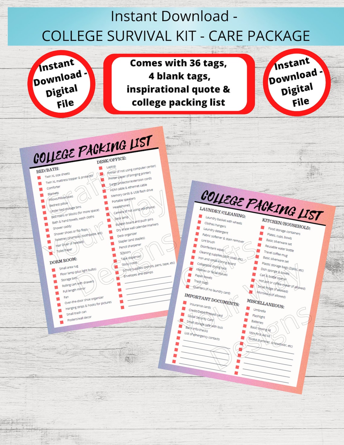 Instant Download Printables- College Survival Kit, College Care Package ...
