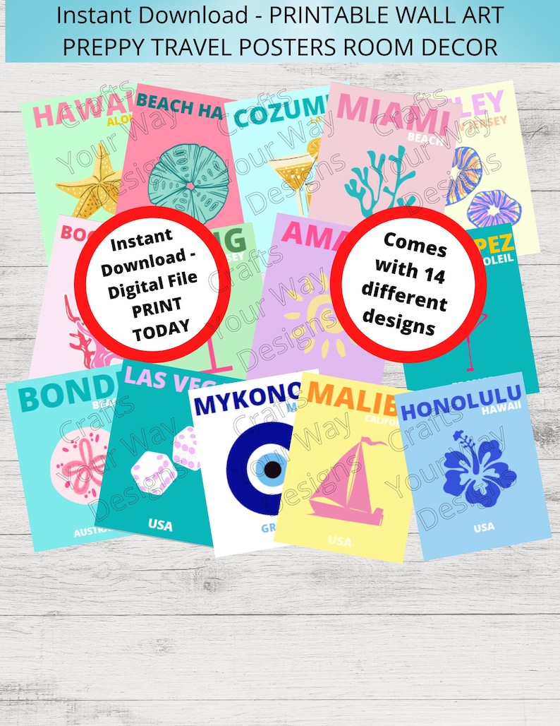 Set of 14 PREPPY TRAVEL POSTERS Instant Download Printable Aesthetic ...