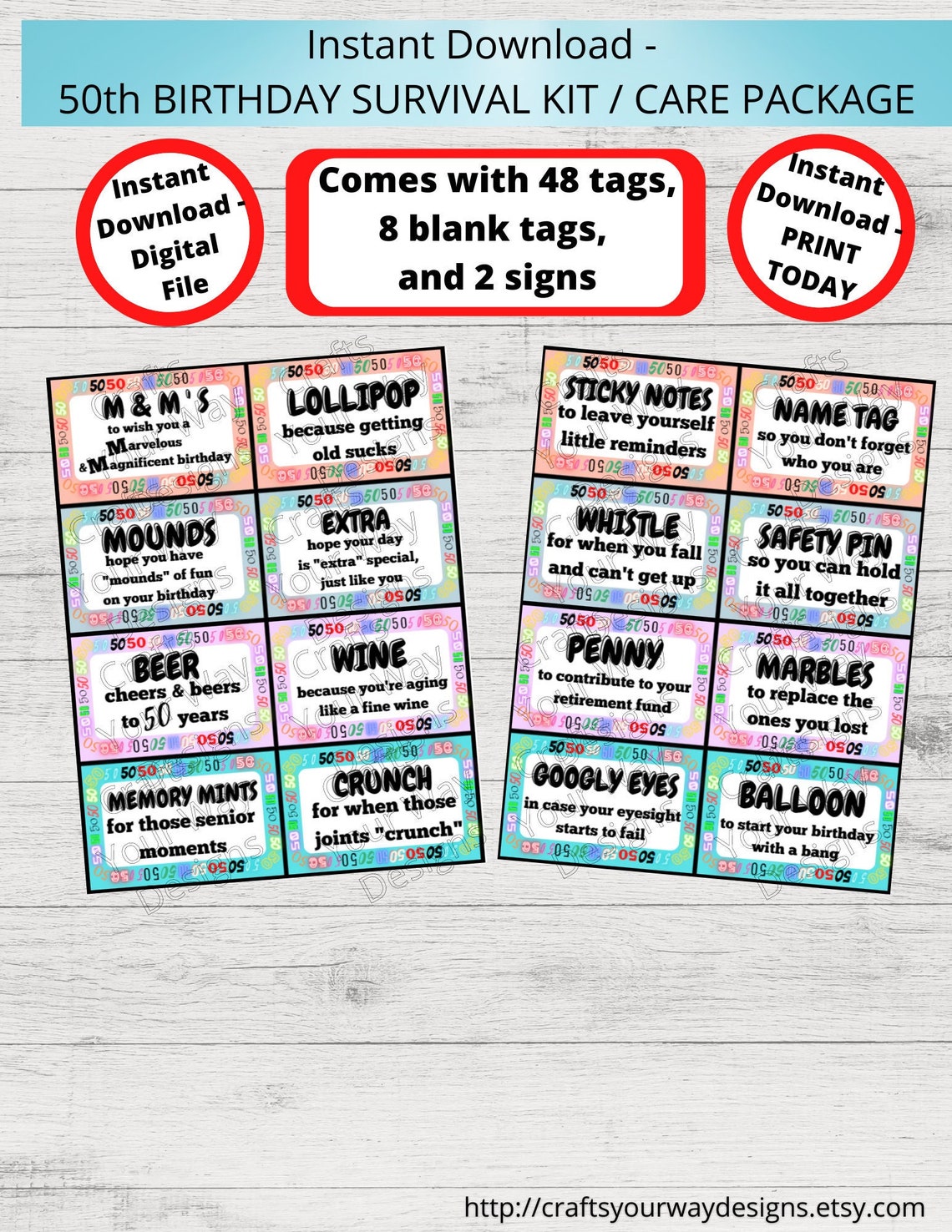 50th BIRTHDAY Survival Kit, 50th Birthday Care Package, Gift Tags ...