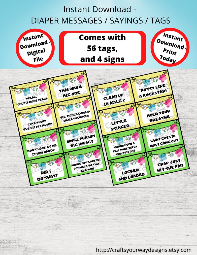 DIAPER MESSAGES Tags and Signs, Baby Shower Gift, Printable Instant ...