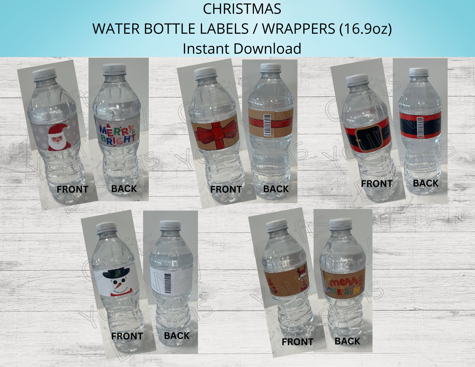 CHRISTMAS Water Bottle Wrappers, Water Bottle Labels, Instant Digital ...