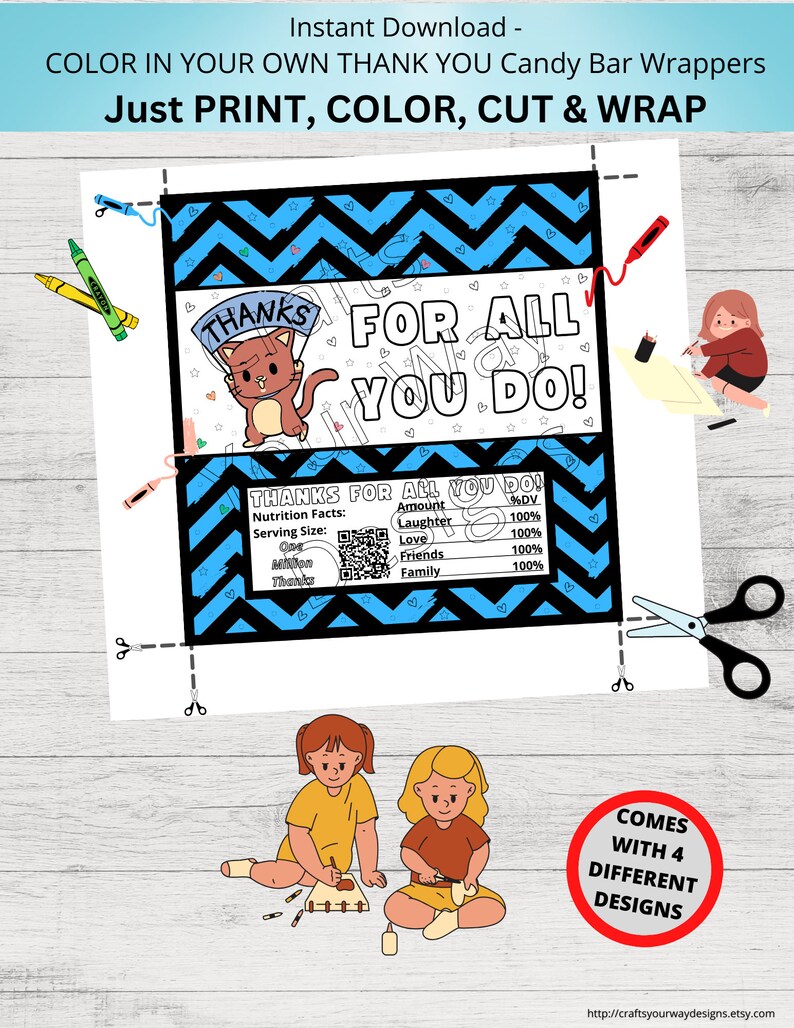 Printable COLORING THANK YOU Candy Bar Wrappers-gift Ideas-party Favors ...