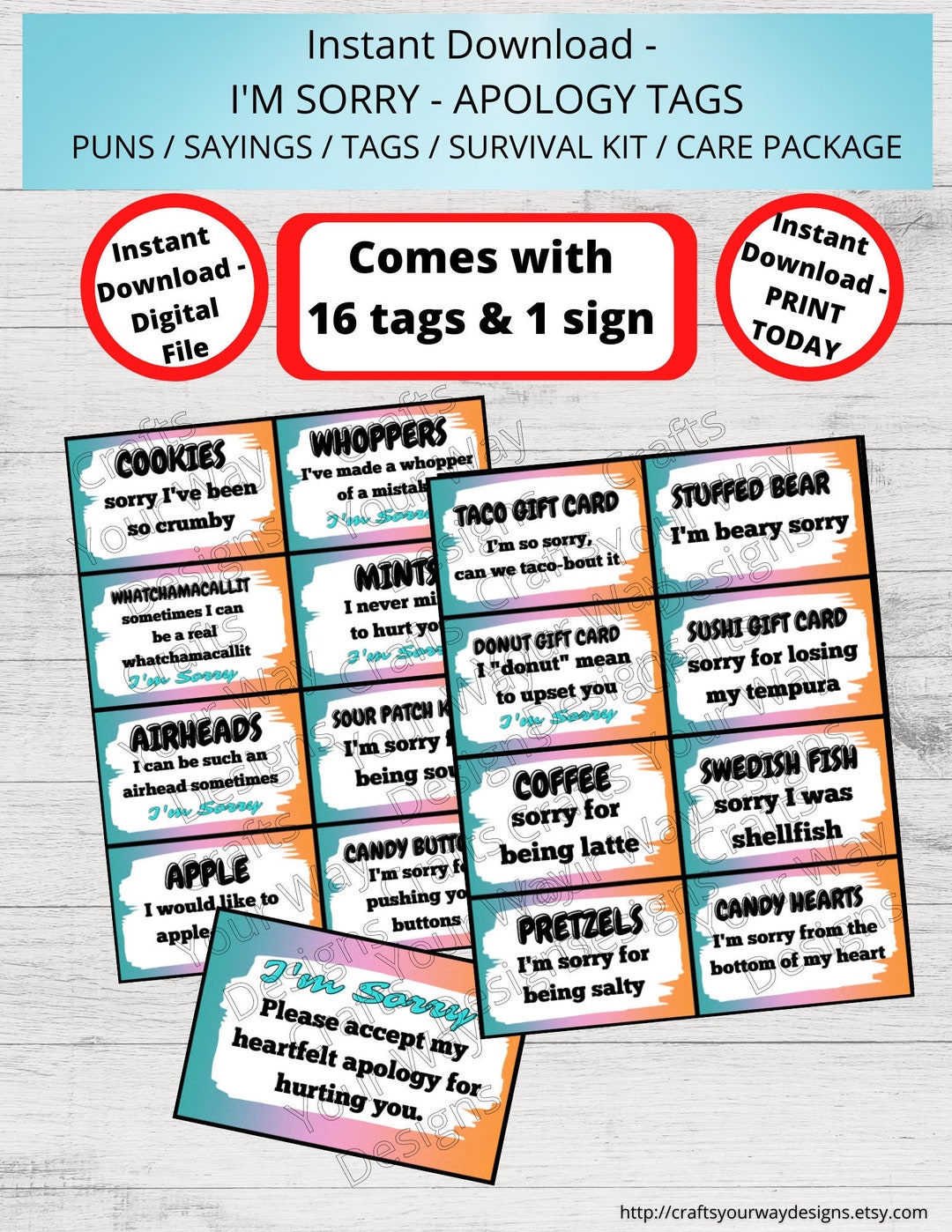 I'M SORRY Survival Kit, I'M SORRY Care Package, Gift Tags, I'M SORRY ...