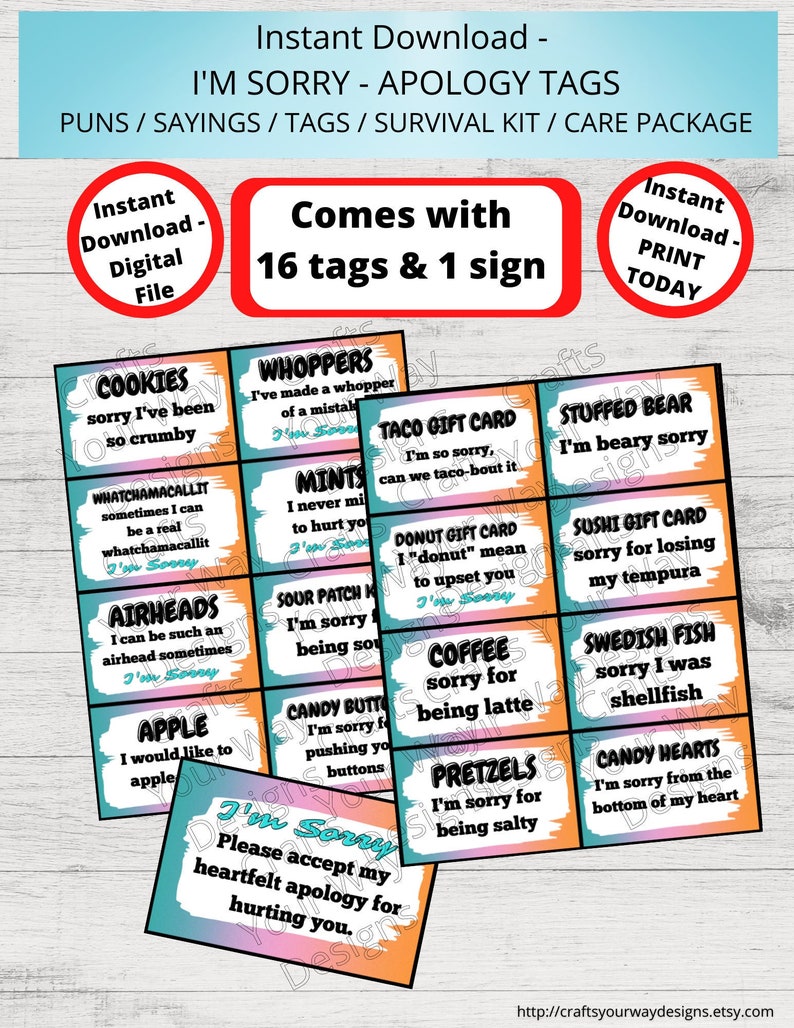 I'M SORRY Survival Kit, I'M SORRY Care Package, Gift Tags, I'M SORRY ...