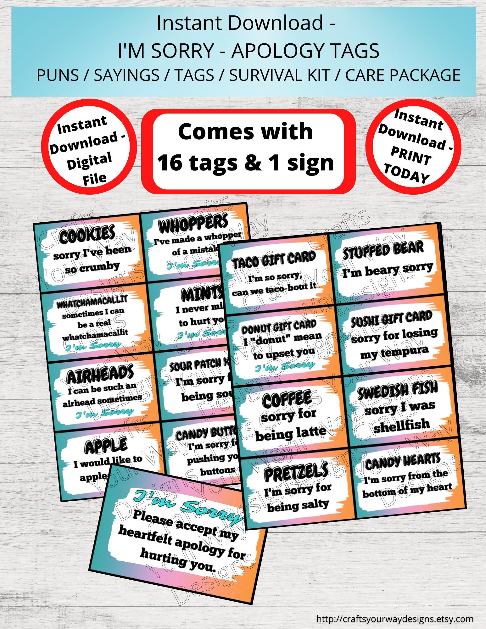 I'M SORRY Survival Kit, I'M SORRY Care Package, Gift Tags, I'M SORRY ...