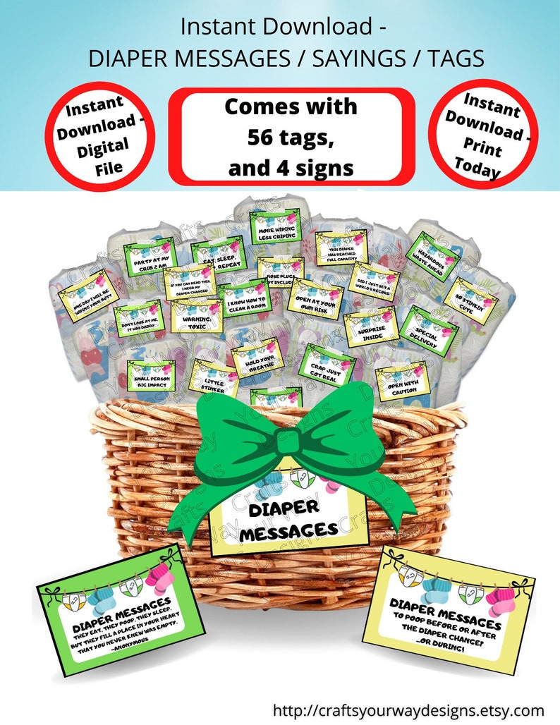 DIAPER MESSAGES Tags and Signs, Baby Shower Gift, Printable Instant ...