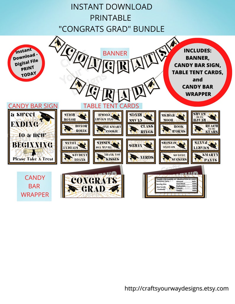 Printable CONGRATS GRAD Candy Bar Wrappers, Banner, Table Tents, Sign ...
