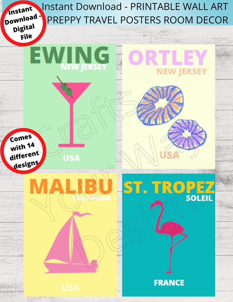 Set of 14 PREPPY TRAVEL POSTERS Instant Download Printable Aesthetic ...