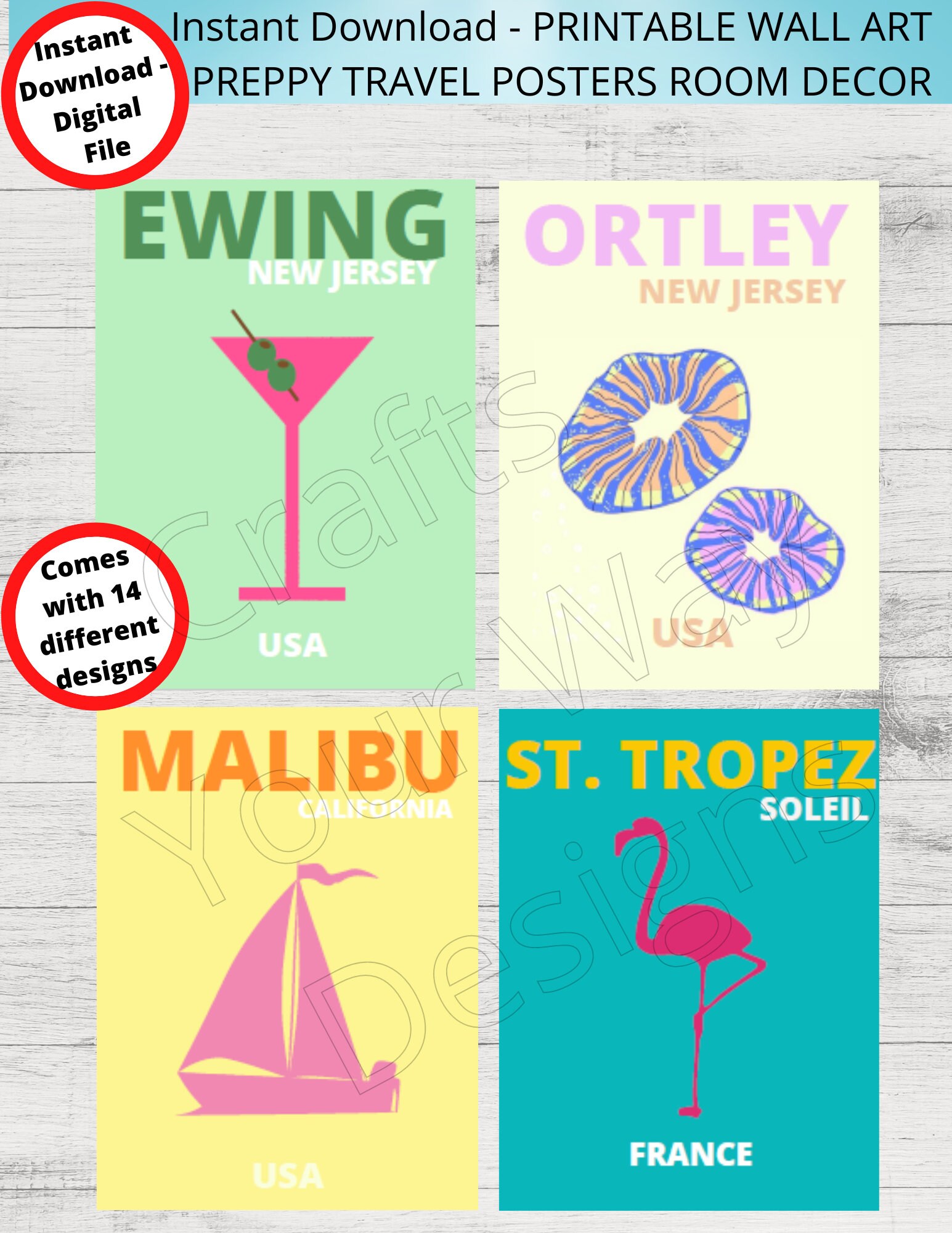 Set of 14 PREPPY TRAVEL POSTERS Instant Download Printable Aesthetic ...