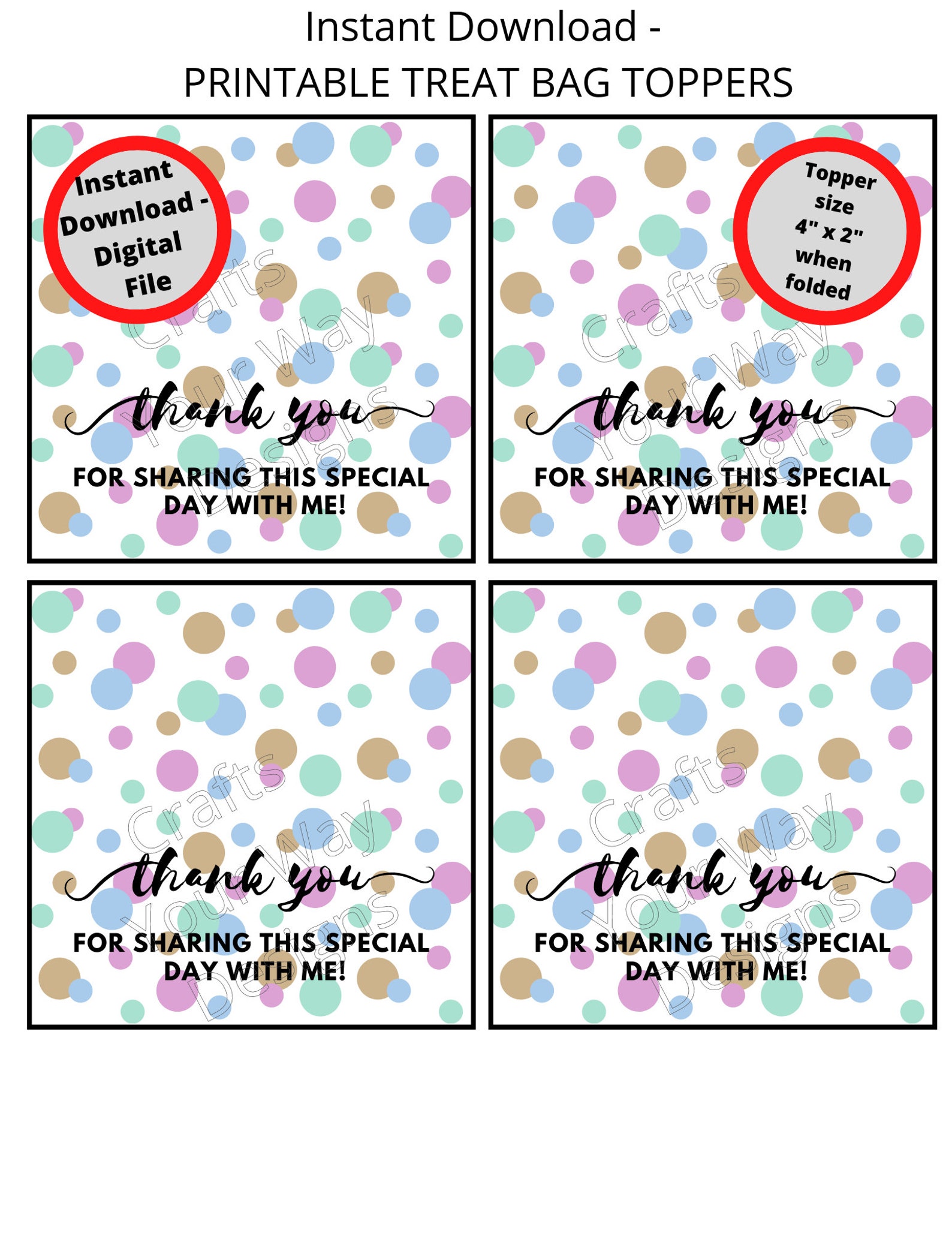 PRINTABLE THANK YOU Treat Bag Toppers -instant Download-goodie Bag ...