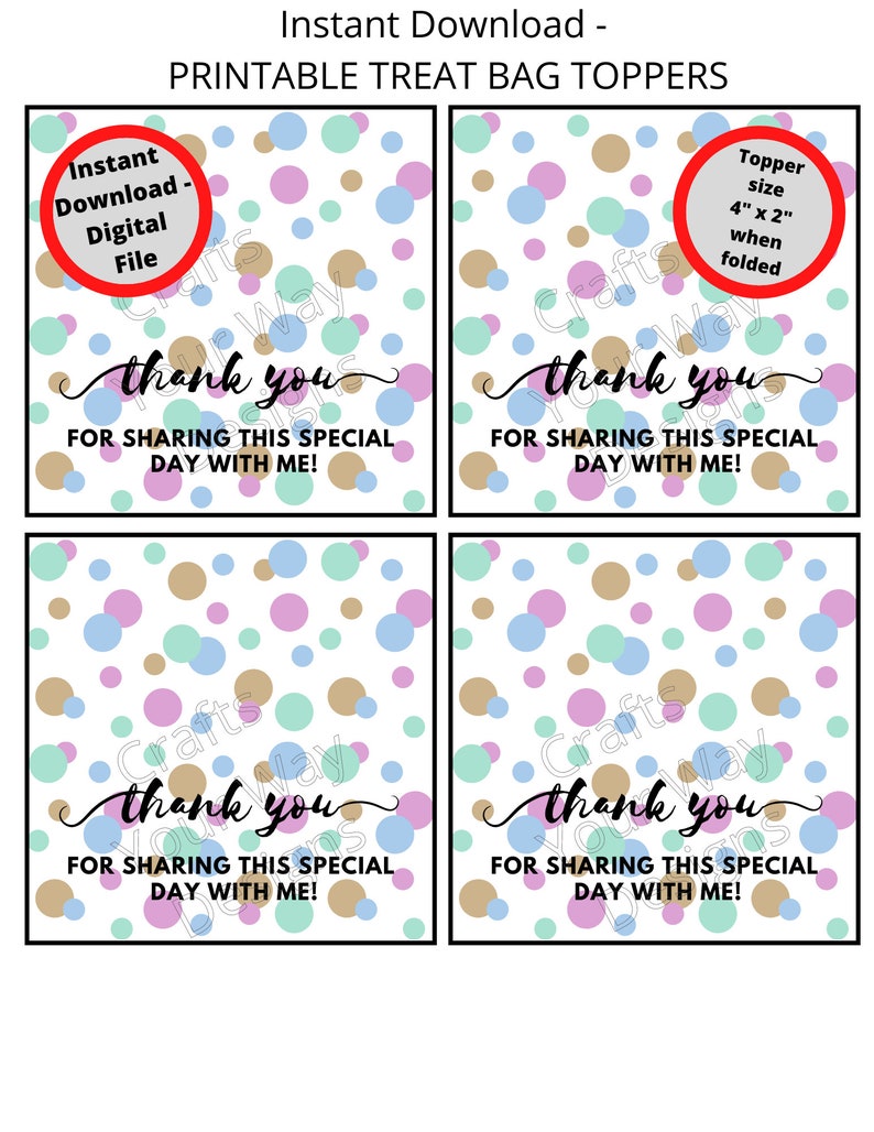 PRINTABLE THANK YOU Treat Bag Toppers -instant Download-goodie Bag ...