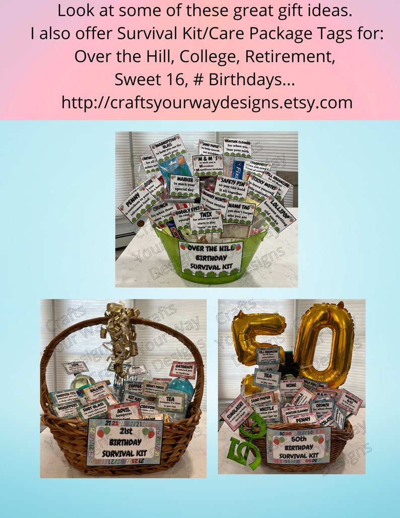 60th BIRTHDAY Survival Kit, 60th Birthday Care Package, Gift Tags ...