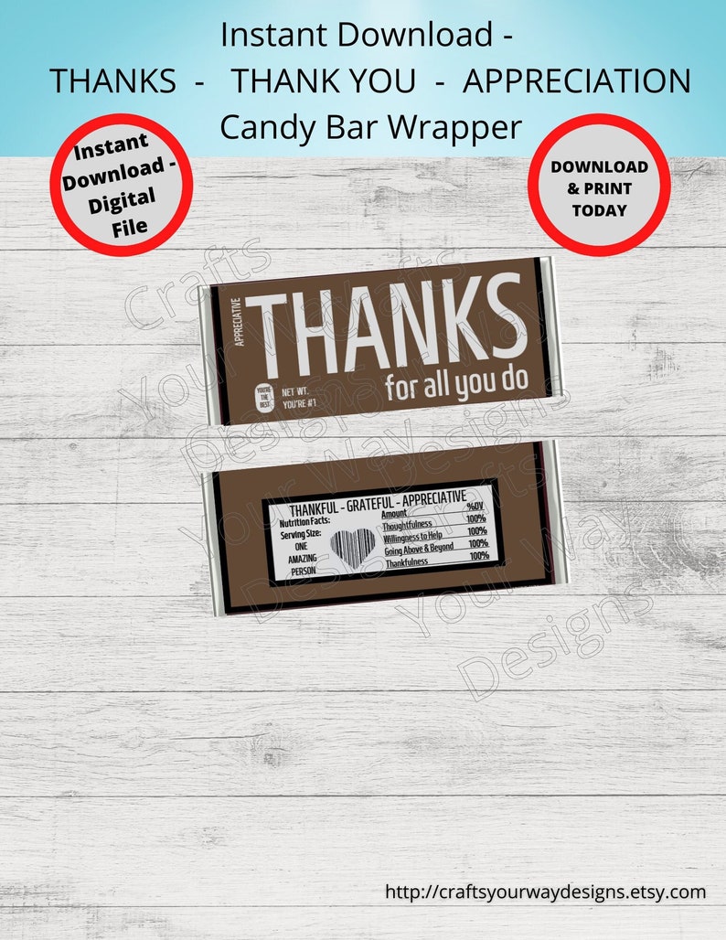 Printable THANKS Candy Bar Wrappers-gift Ideas-party Favors-chocolate ...