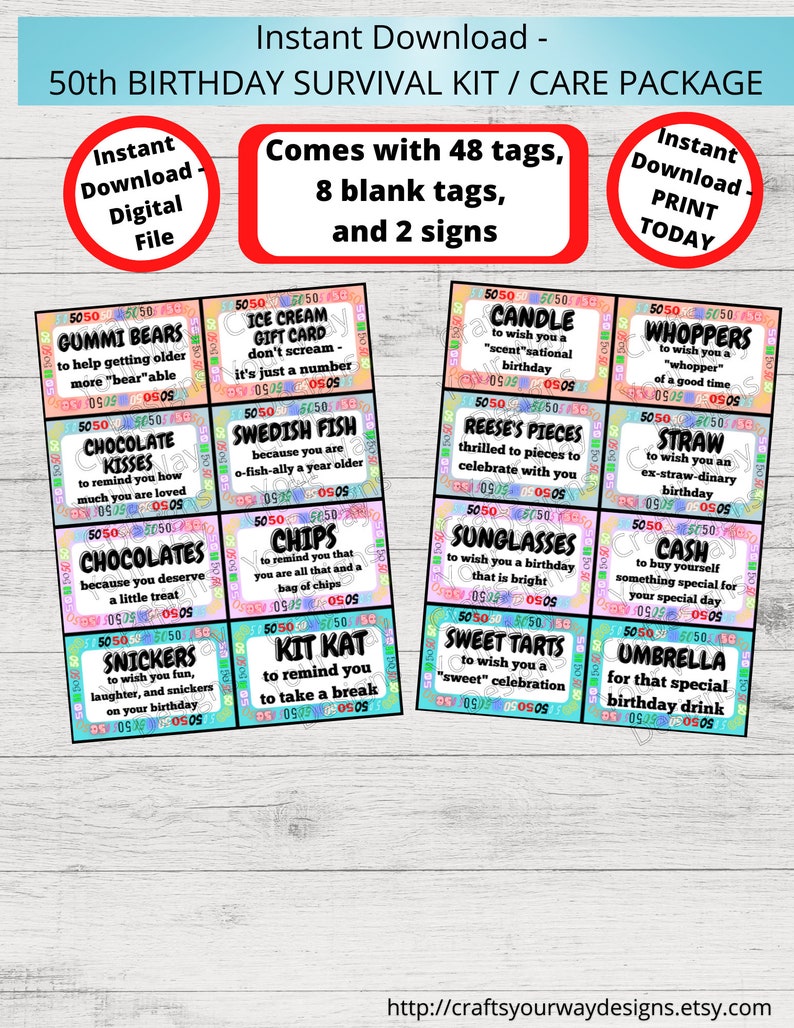 50th BIRTHDAY Survival Kit, 50th Birthday Care Package, Gift Tags ...