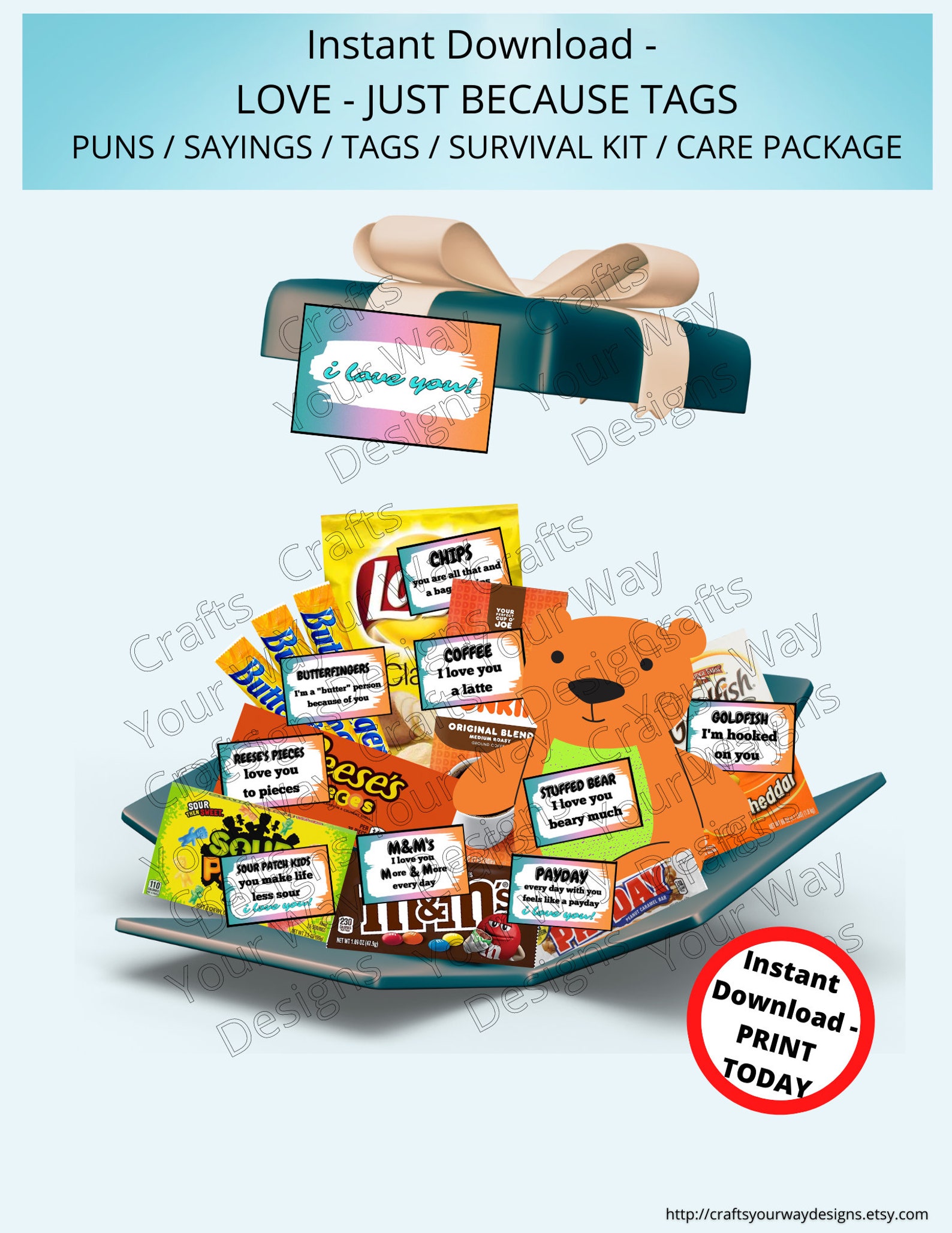 I LOVE YOU, Just Because Survival Kit, Care Package, Gift Tags, I Love ...