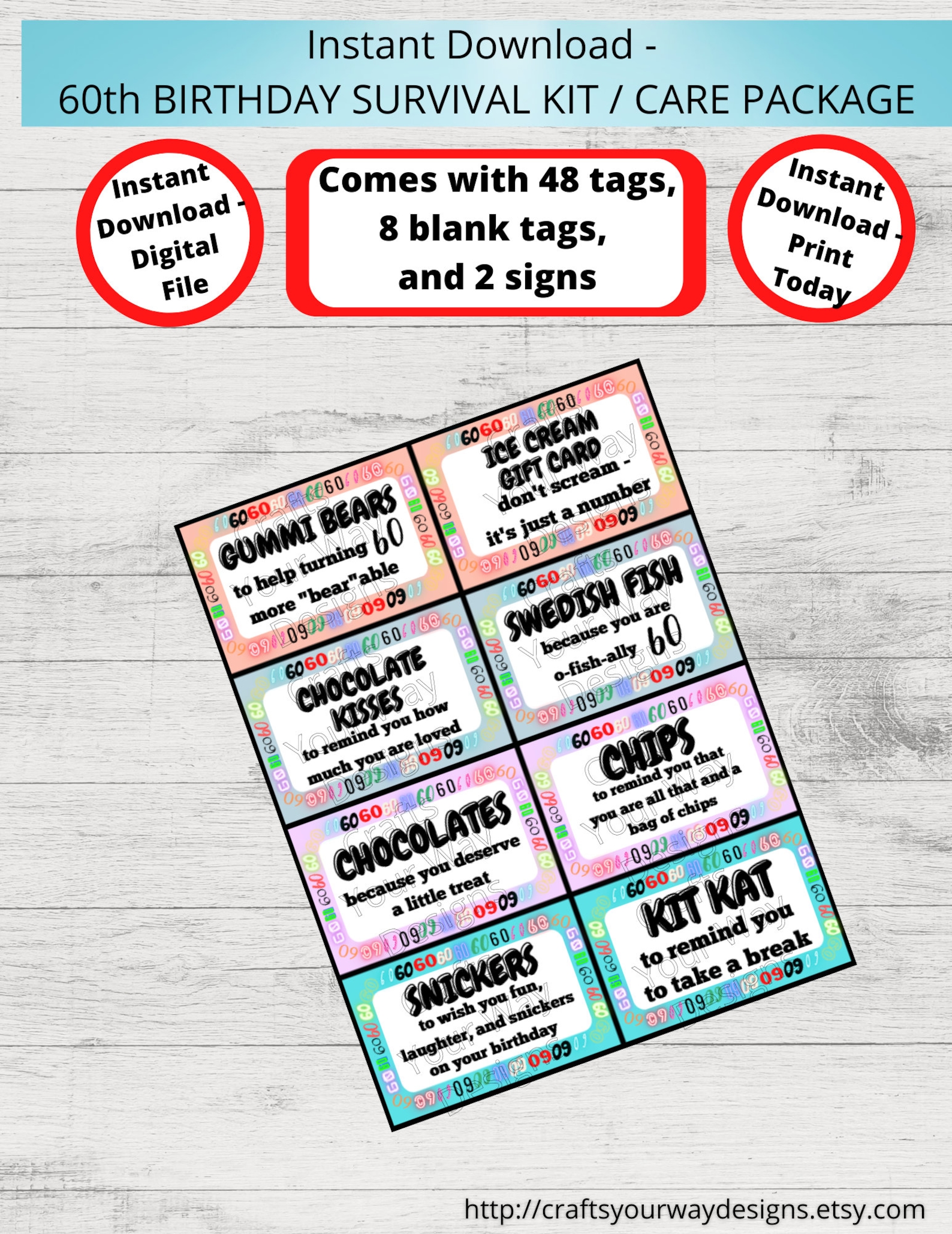 60th BIRTHDAY Survival Kit, 60th Birthday Care Package, Gift Tags ...