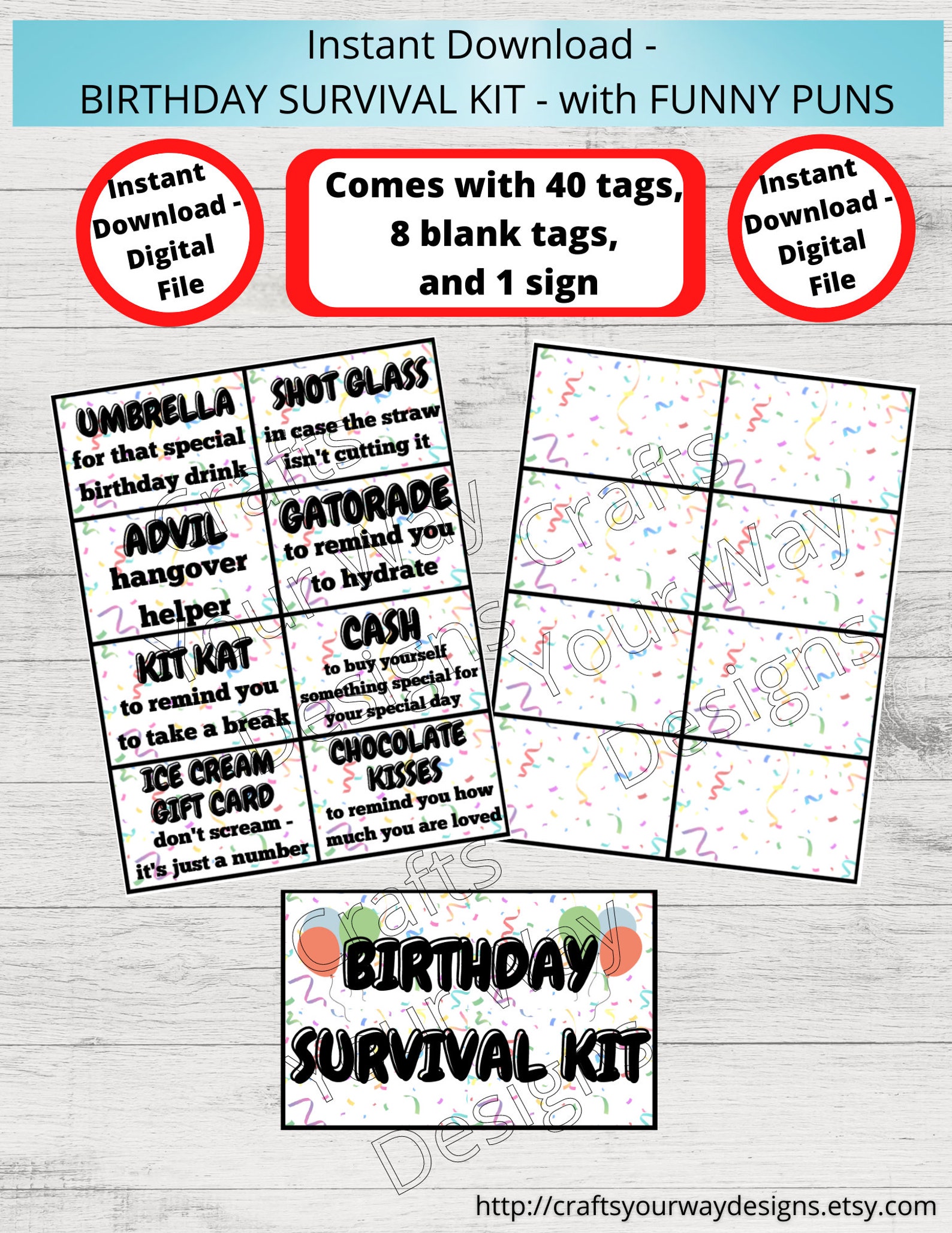 Instant Download Printables Birthday Survival Kit, Birthday Care ...