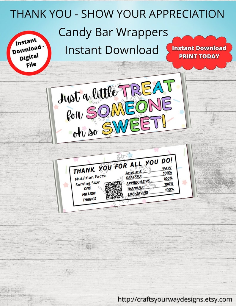 Printable THANK YOU Candy Bar Wrappers-gift Ideas-chocolate Bar Wrapper ...