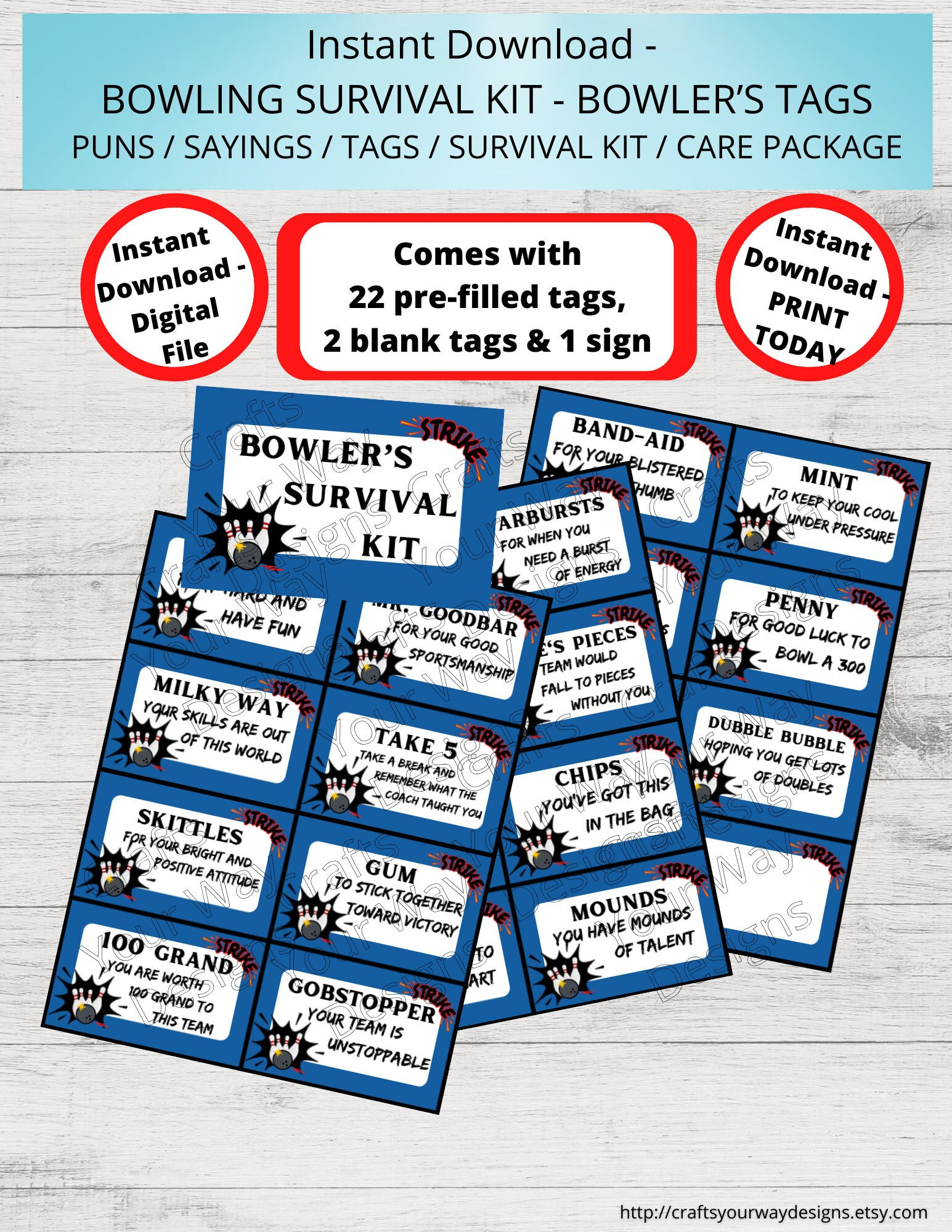 BOWLING Survival Kit, BOWLING Care Package, Gift Tags, BOWLING Gift ...