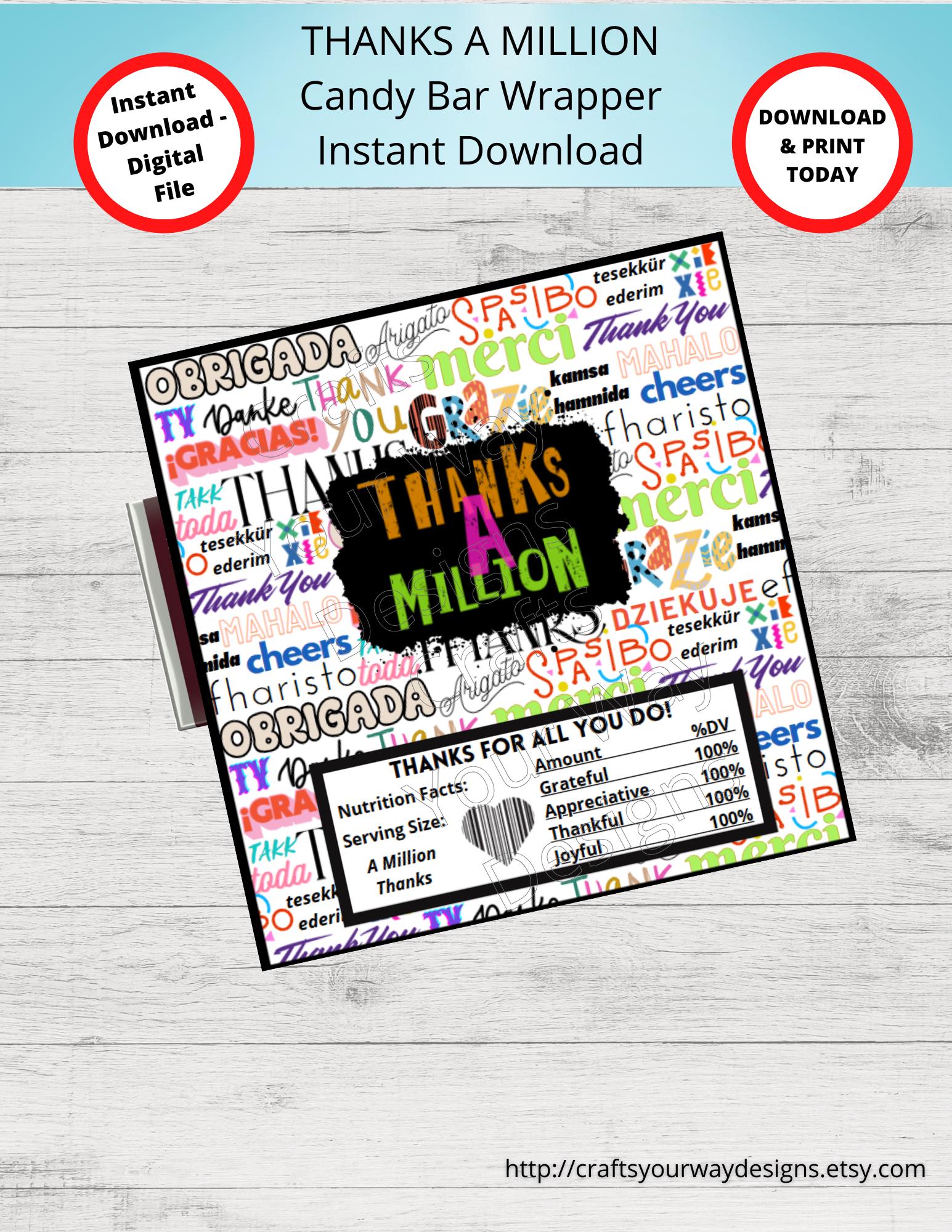 Printable THANKS A MILLION Candy Bar Wrappers-gift Ideas-party Favors ...