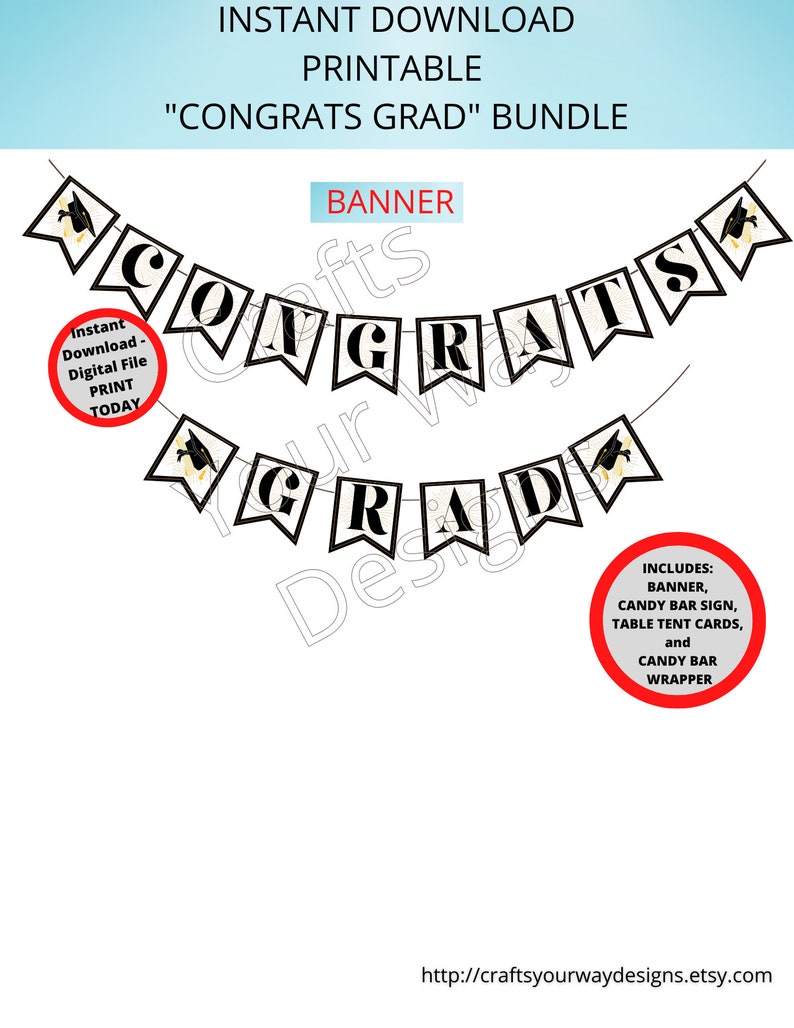 Printable CONGRATS GRAD Candy Bar Wrappers, Banner, Table Tents, Sign ...